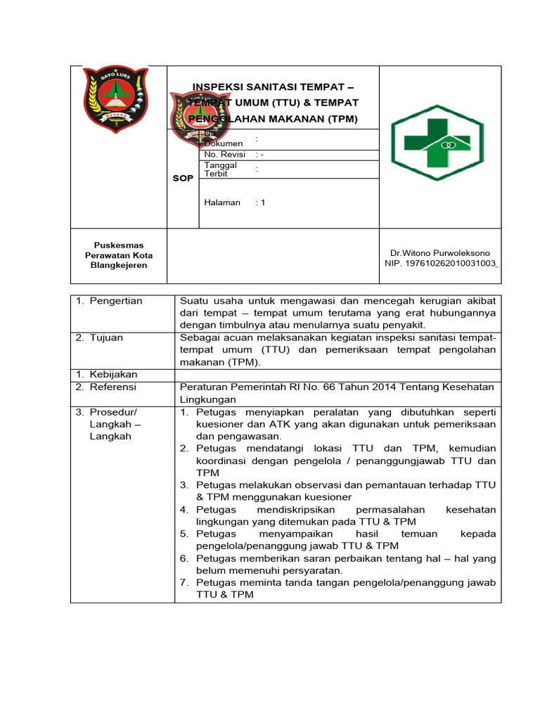 Sop Inspeksi Sanitasi Ttu TPM | PDF | Kesehatan Holistik