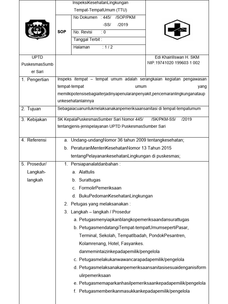 Sop Inspeksi Kesehatan Lingkungan | PDF