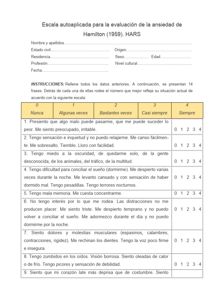 Escala Autoaplicada para La Evaluación de La Ansiedad de Hamilton | PDF ...