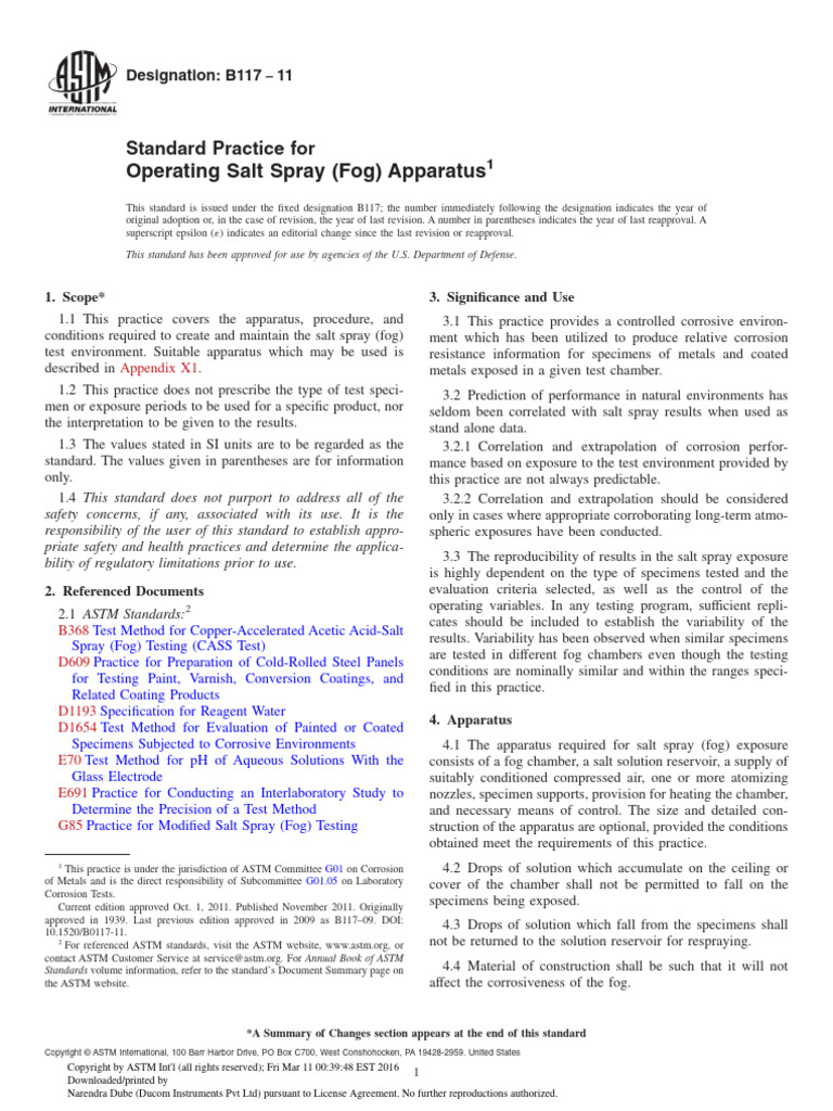 ASTM B117 - 11 Salt Spray Corrosion Test | PDF | Ph | Chemistry