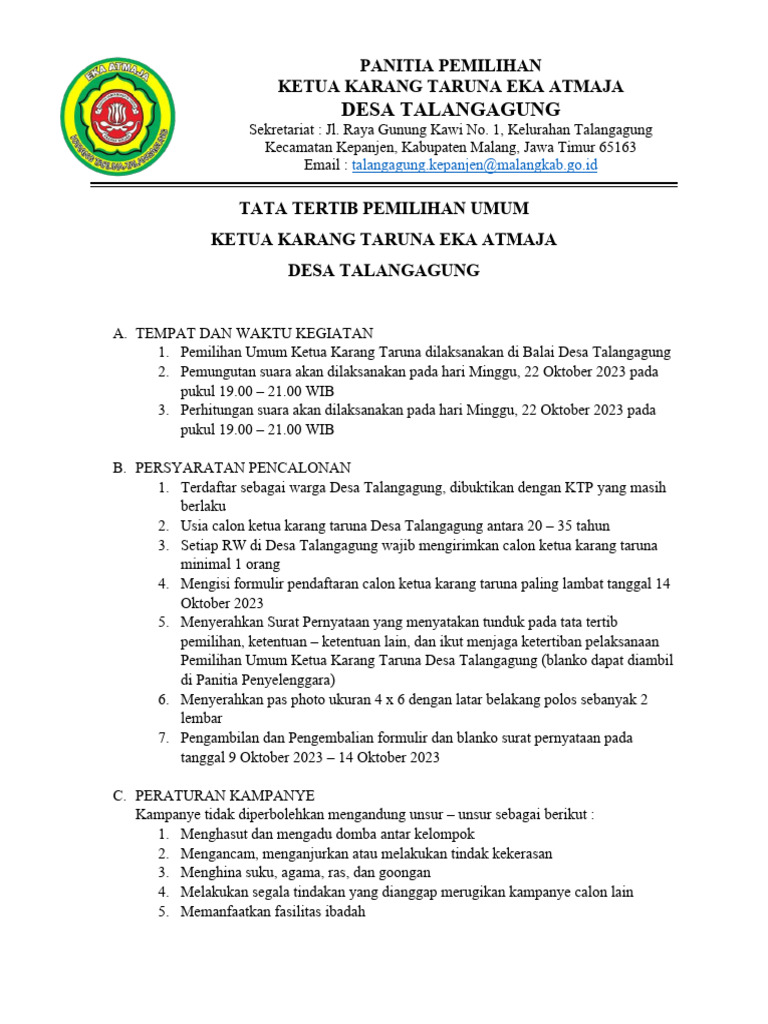 Tata Tertib Pemilihan Calon Ketua Karang Taruna Desa Talangagung | PDF Tata Tertib Pemilihan Calon Ketua Karang Taruna Desa Talangagung | PDF