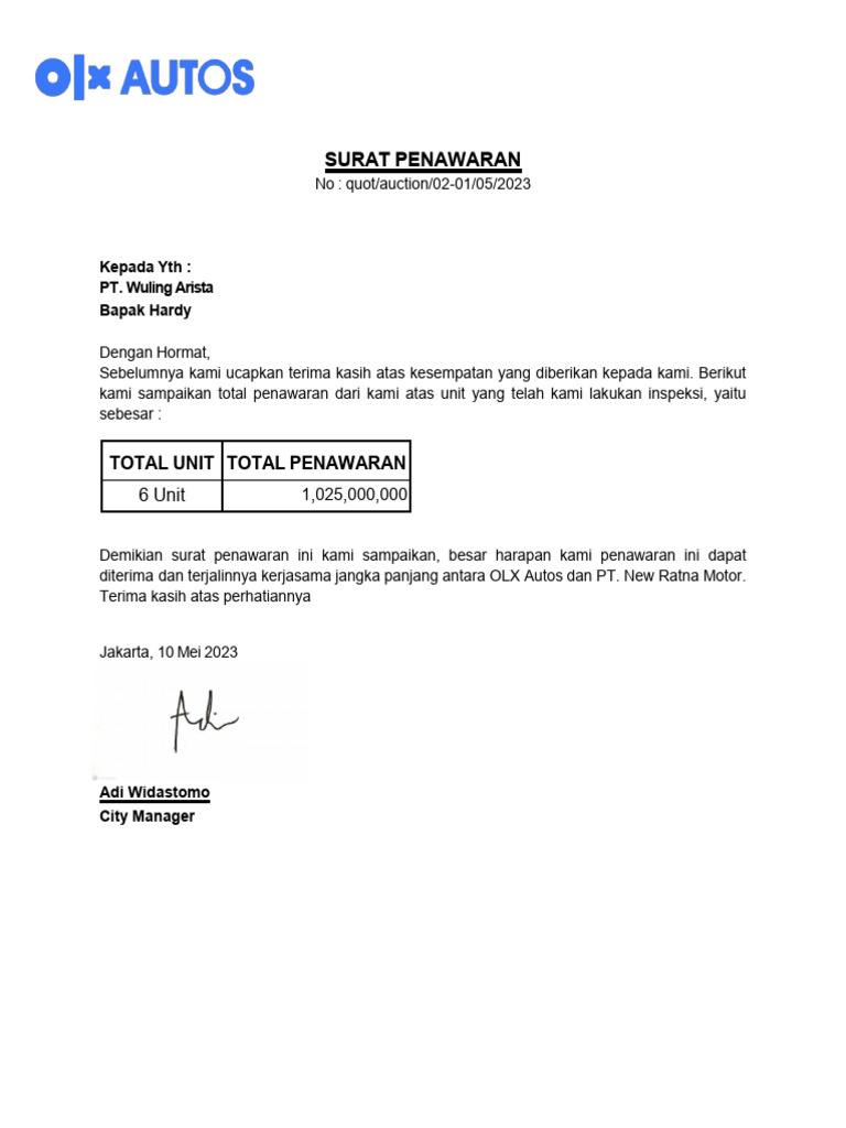 Quotation Wuling Used Car | PDF