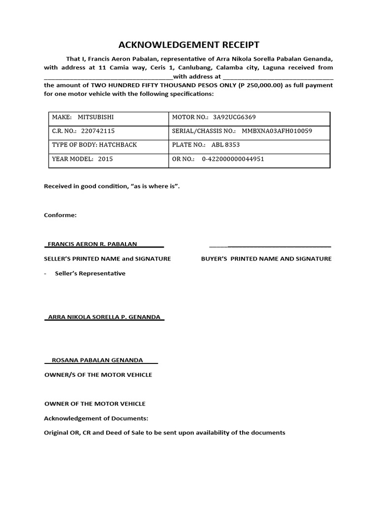 Acknowledgement Receipt Car | PDF | Business