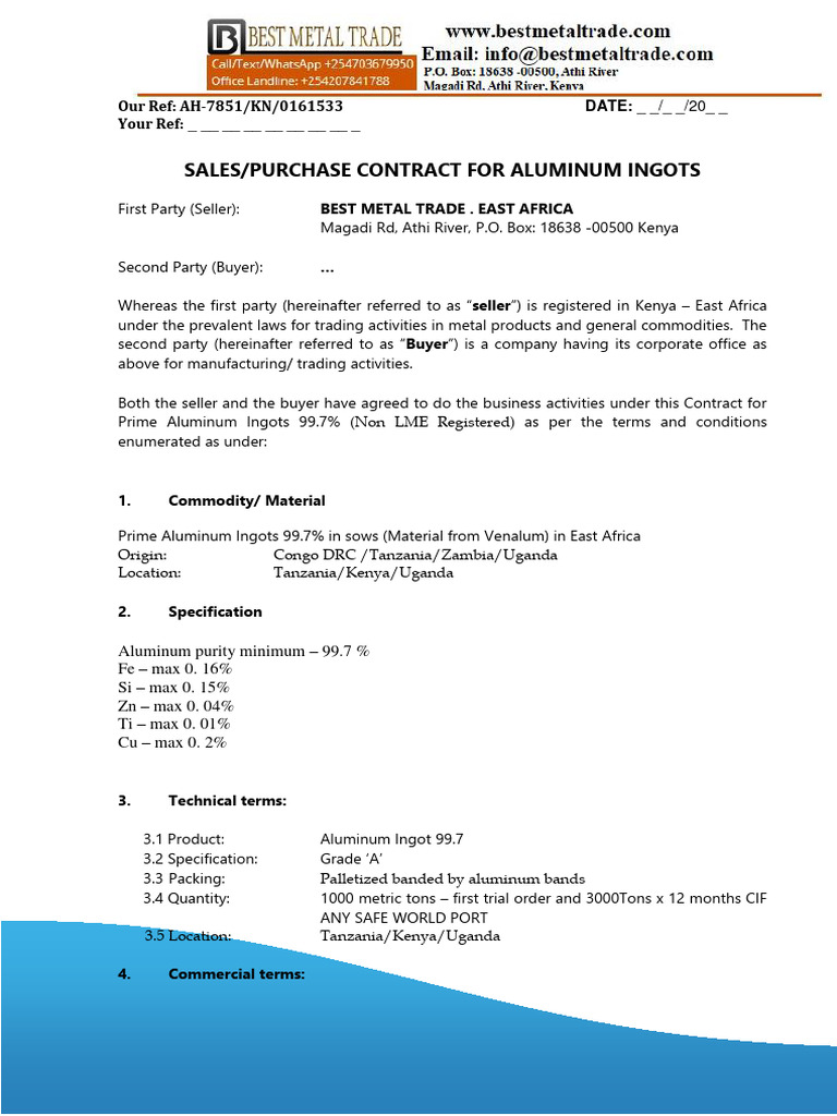 Draft Contract For ALUMINUM INGOTS | PDF | Trade | Economies
