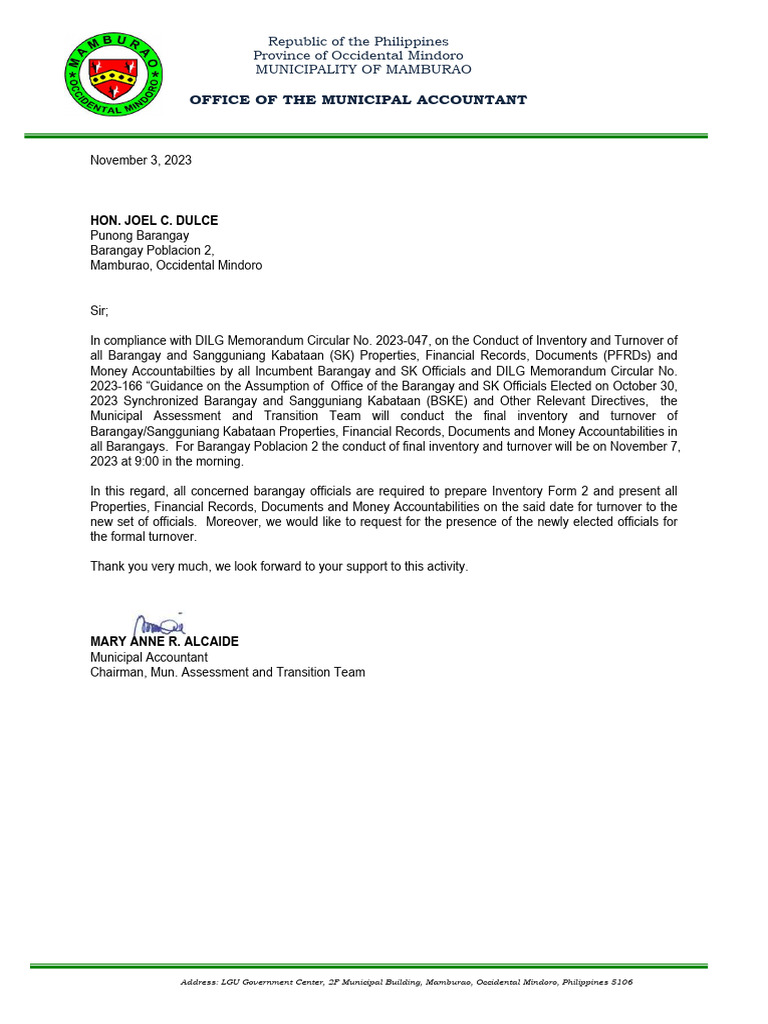 Letter Re Turnover Re Elected Pob 2 | PDF