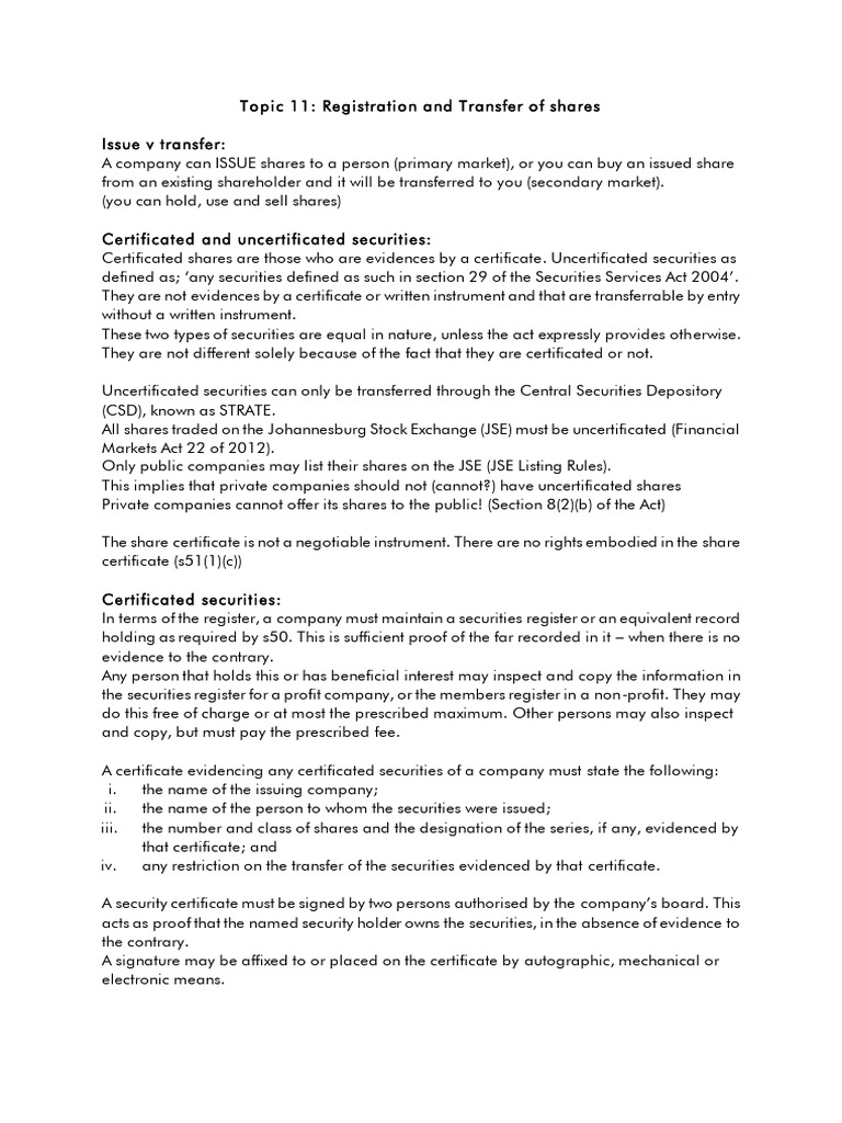Topic 11 - Registration and Transfer of Shares | PDF | Securities ...