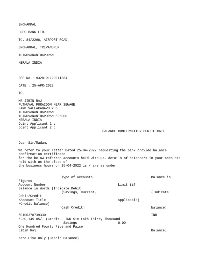 649926377-Jibin-Balance-Certificate-Hdfc | PDF