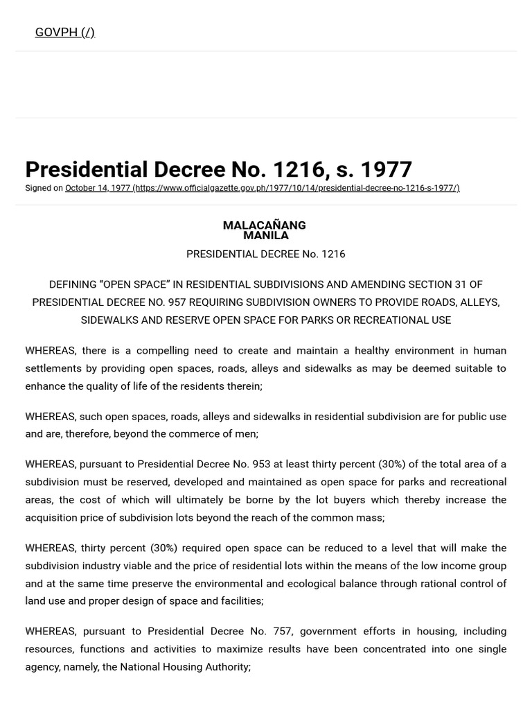Presidential Decree No. 1216, S. 1977 | PDF | President Of The Philippines | World Politics