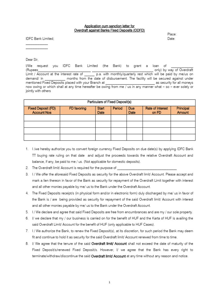 Sanction Letter For Overdraft Against Fixed Deposit | PDF | Overdraft ...