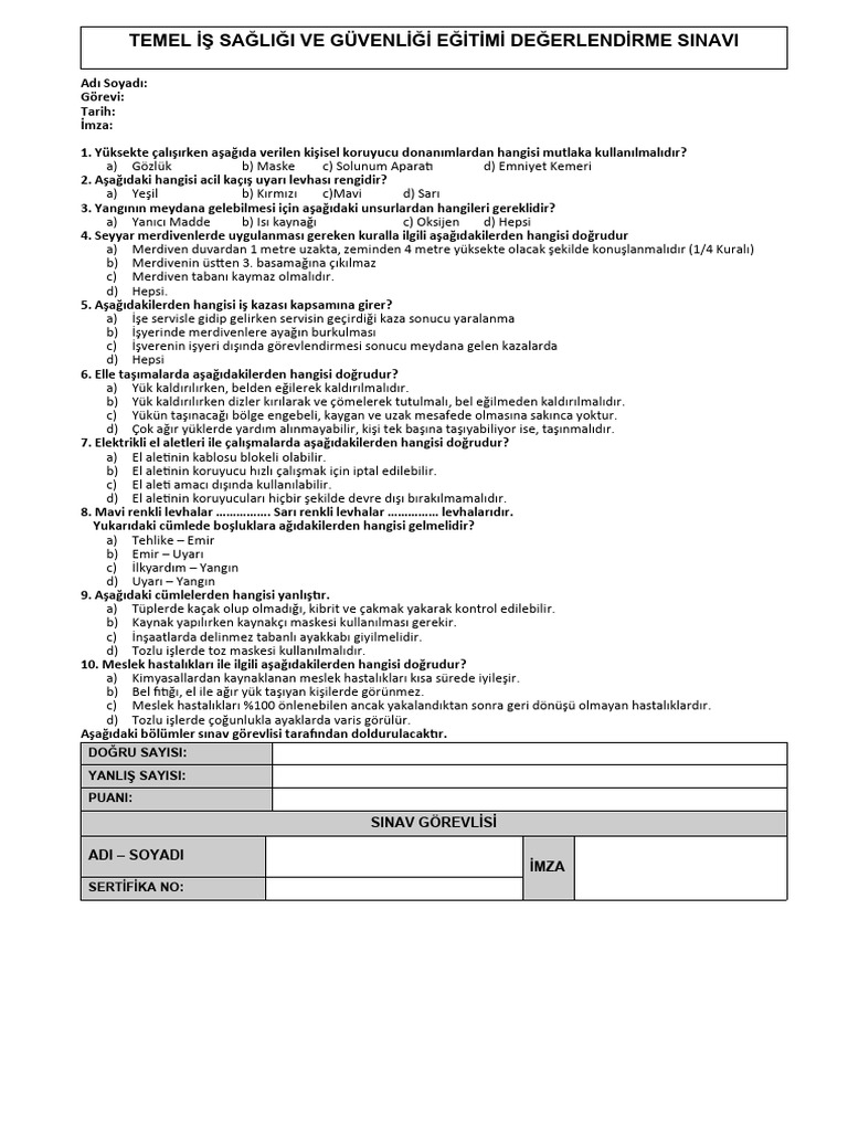 110 Temel Is Guvenligi Egitimi Sinavi | PDF 110 Temel Is Guvenligi Egitimi Sinavi | PDF