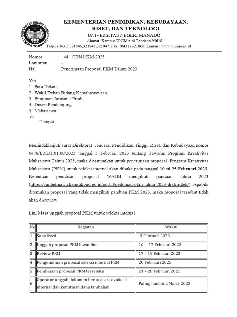 Penerimaan Proposal PKM UNIMA 2023 | PDF