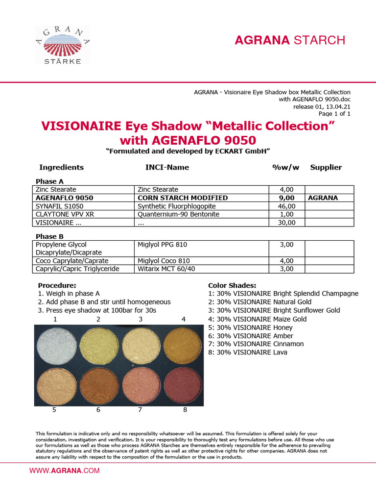 AGRANA - Visionaire Eye Shadow Box Metallic Collection With AGENAFLO 9050 | PDF | Chemical ...