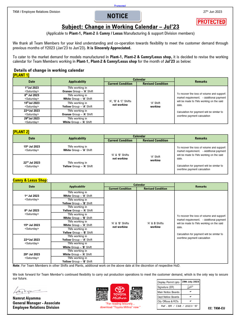 Notice 97 P1, P2 & Camry-Lexus Shop - Change in Working Calendar - Jul ...