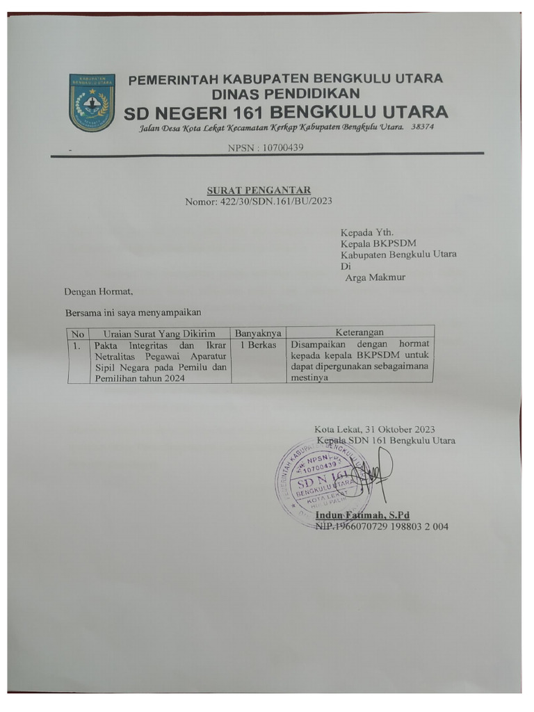 Pakta Integritas SDN 161 BU | PDF