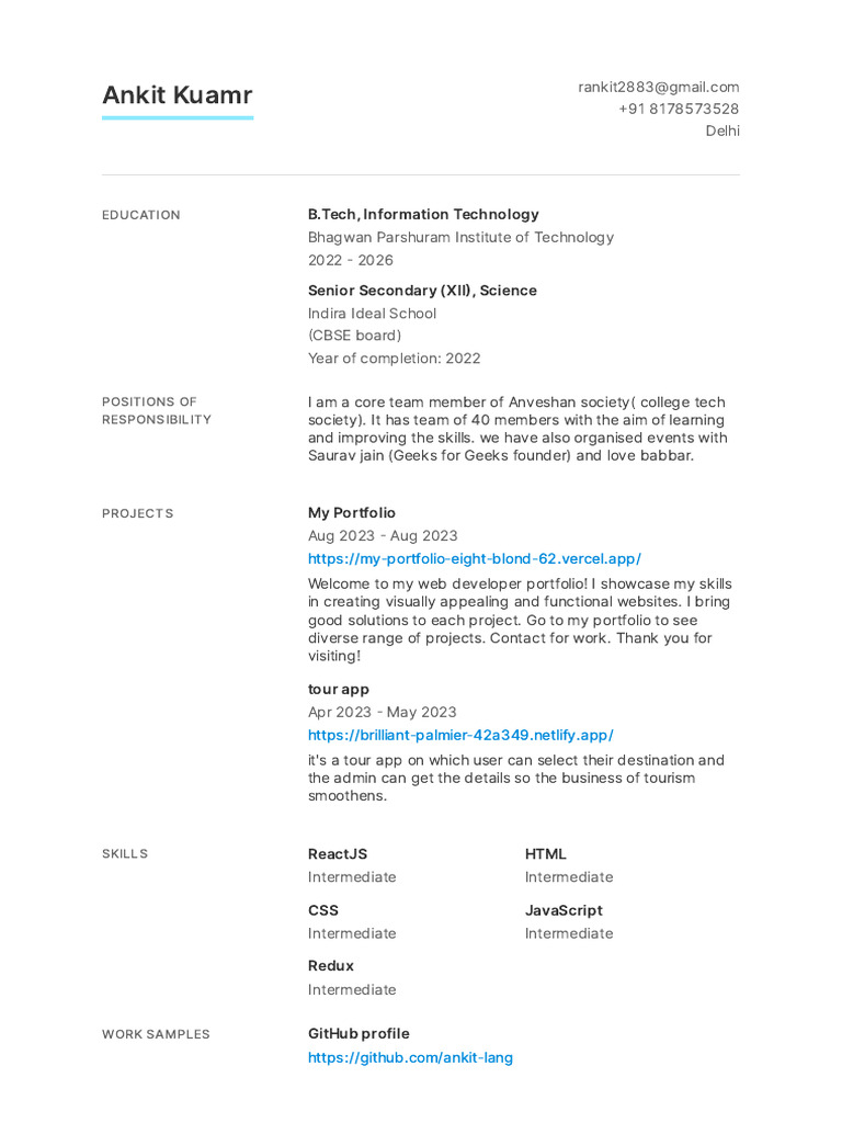 AnkitKuamr InternshalaResume | PDF | Technology & Engineering