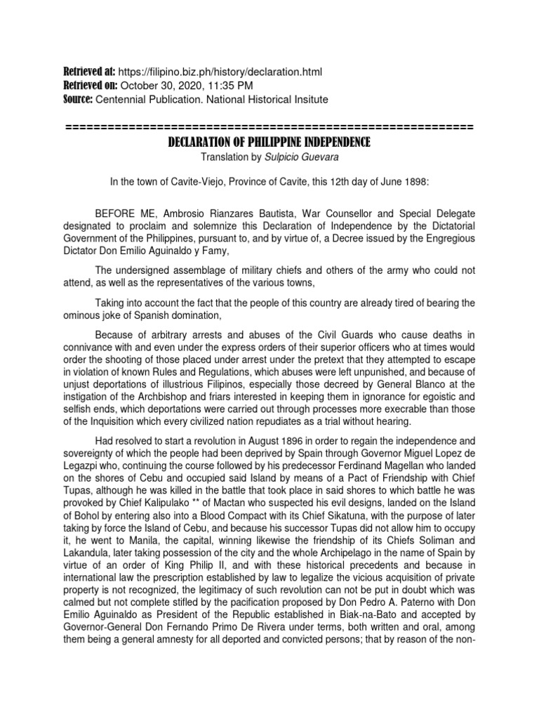 Declaration (ENGLISH TRANSLATION) of Philippine Independence 1898 | PDF | Philippines