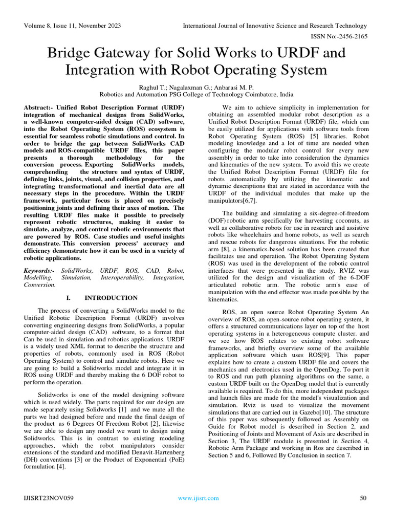 Bridge Gateway For Solid Works To URDF and Integration With Robot ...