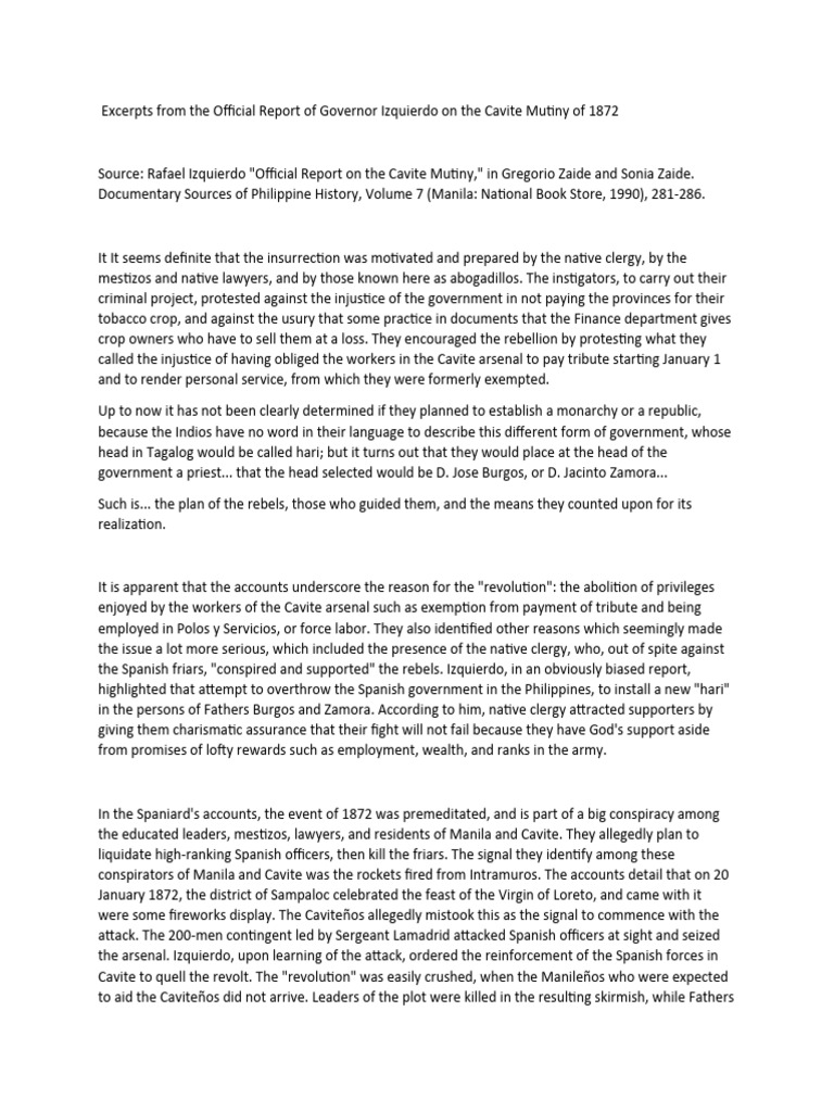 Official Report of Governor Izquierdo On The Cavite Mutiny of 1872 ...