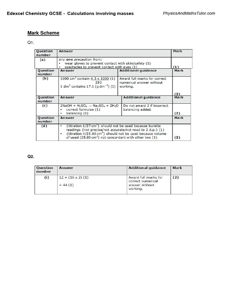 Edexcel GCSE Chemistry Mass Calculations | PDF
