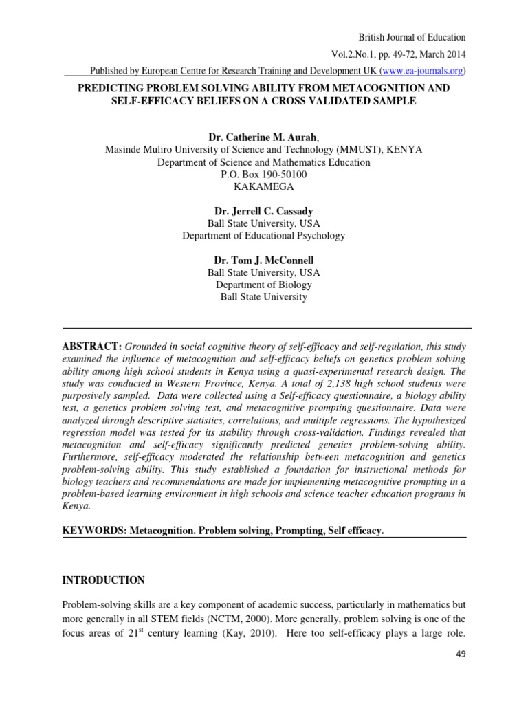 Predicting Problem Solving Ability From Metacognition and Self Efficacy ... Predicting Problem Solving Ability From Metacognition and Self Efficacy ...