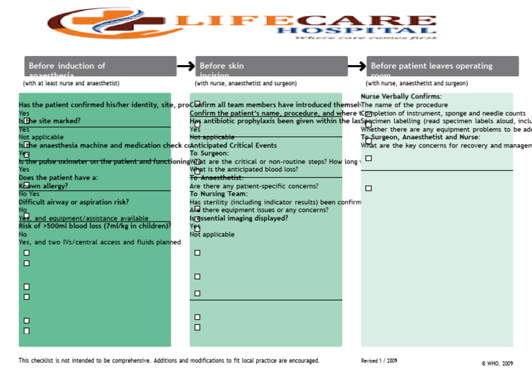 Surgical Safety Checklist Overview | PDF | Surgery | Anesthesia