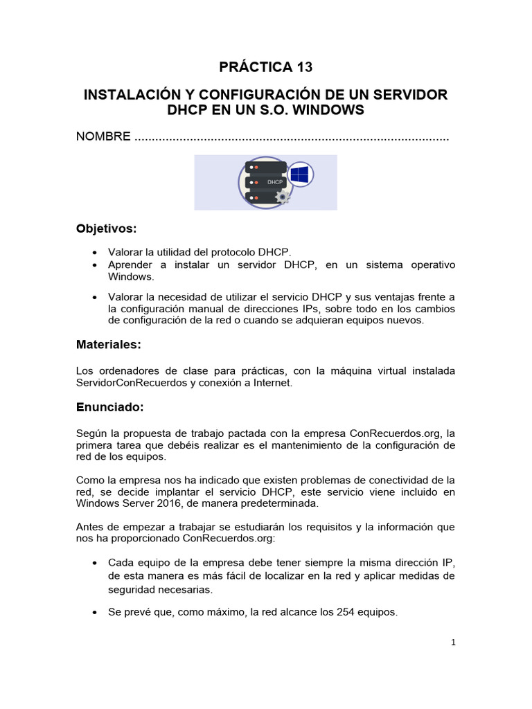 P13 Servidor DHCP Windows | PDF | Dirección IP | Red de computadoras