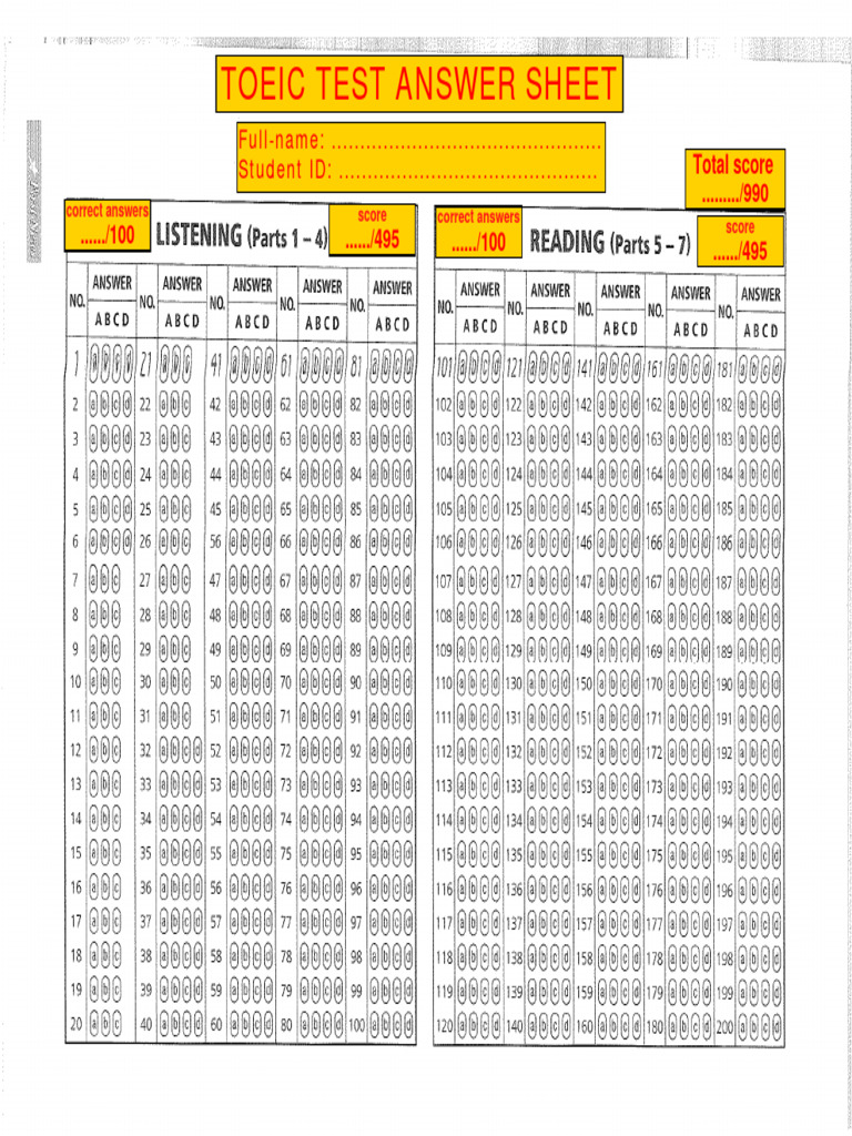 Toeic Test Answer Sheet | PDF | Career & Growth | Technology & Engineering