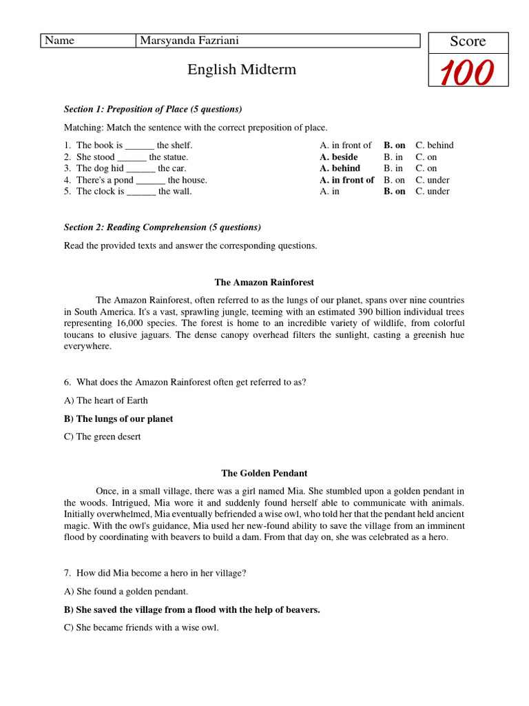 English Midterm (Answer Key) | PDF | Rainforest
