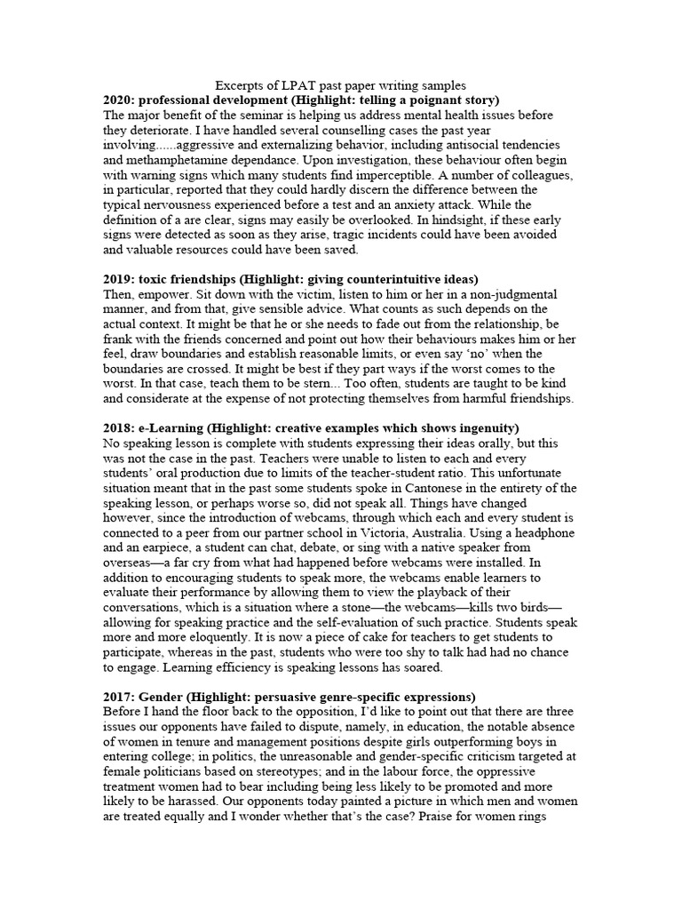 LPAT Past Paper Writing Samples | PDF | Anxiety | Psychology