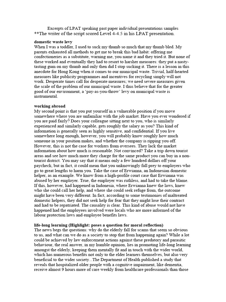 Speaking Presentations Past Paper Sample Scripts | PDF | Brand | Lifelong Learning