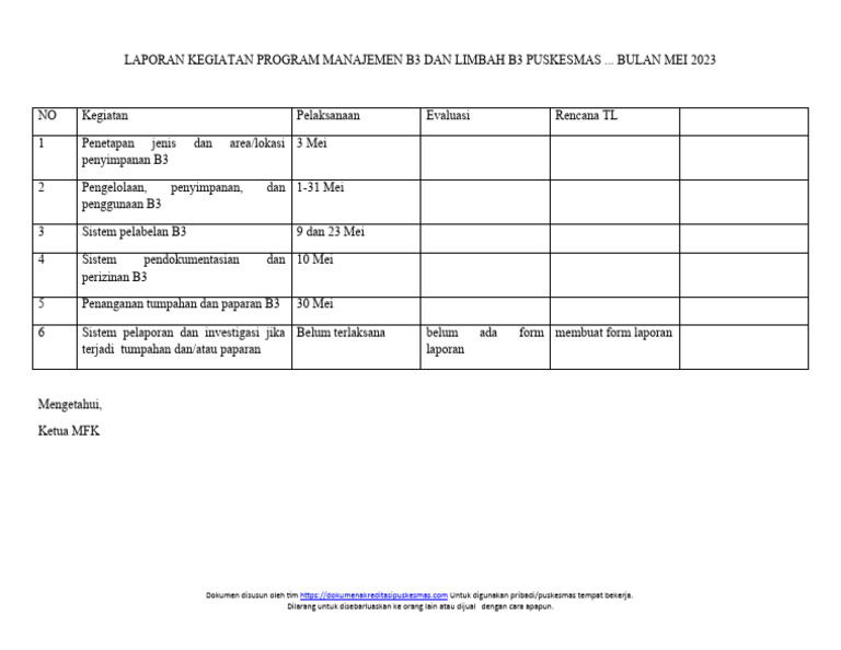 1.4.3.b Bukti pelaksanaan program manajemen B3 dan limbah B3 yang meliputi (huruf (a) sampai ...