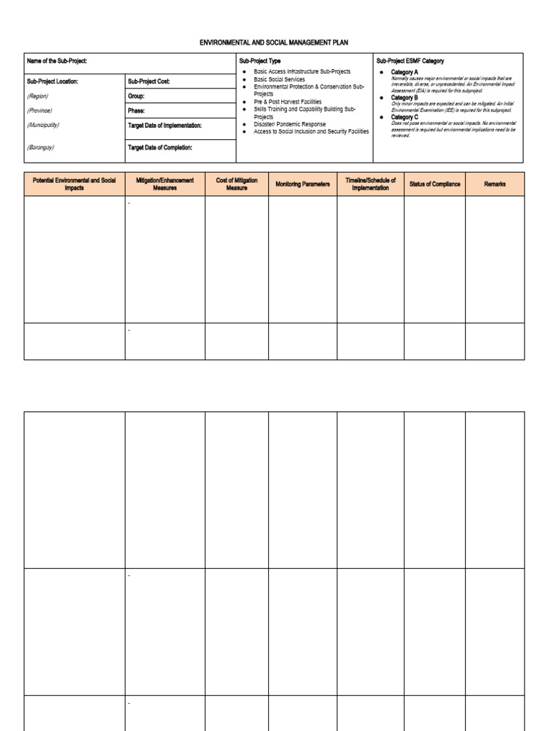 ESMP Template | PDF | Environmental Impact Assessment | Natural Environment
