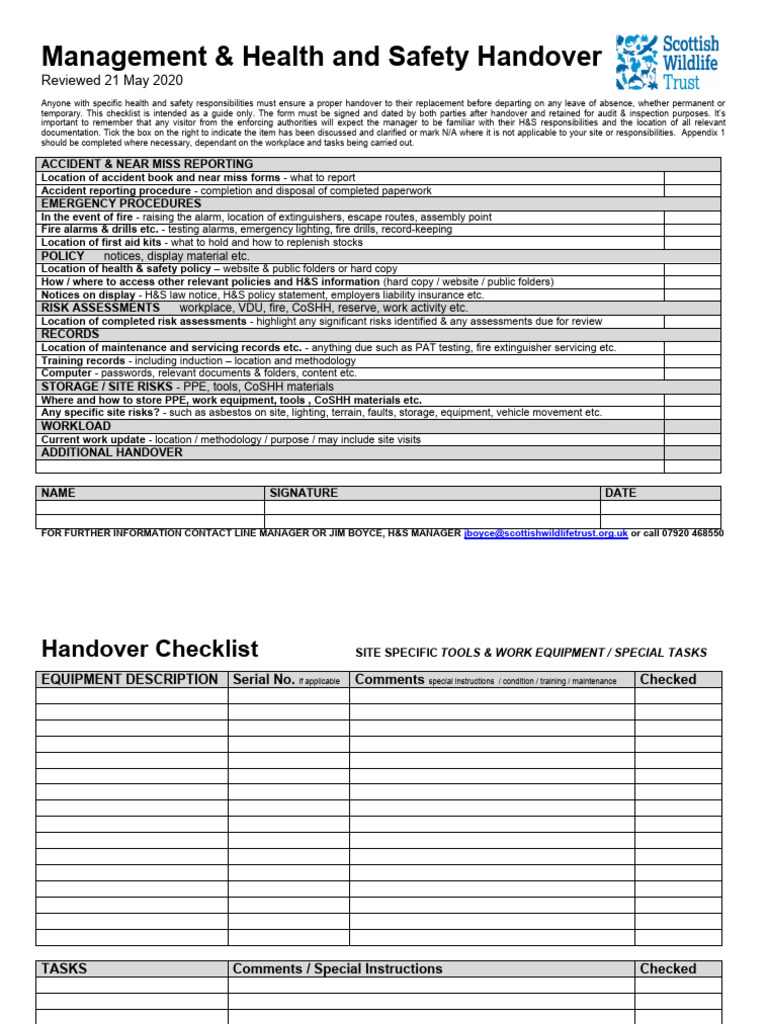 Handover Checklist for H&S Management | PDF | Occupational Safety And ...