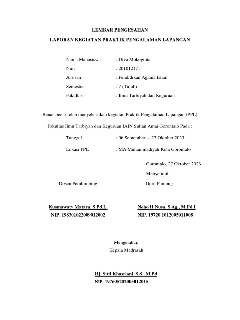 Lembar Pengesahan Ppl-diva Mokoginta | PDF