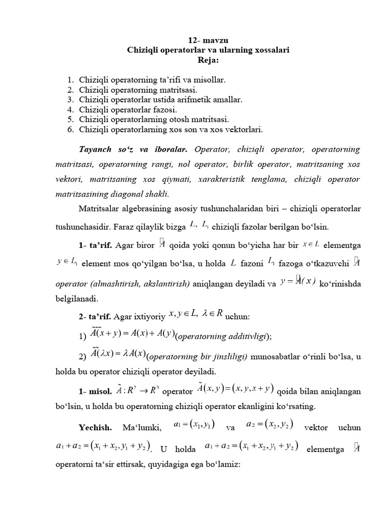 12 - Mavzu Chiziqli Operatorlar Va Ularning Xossalari Reja | PDF