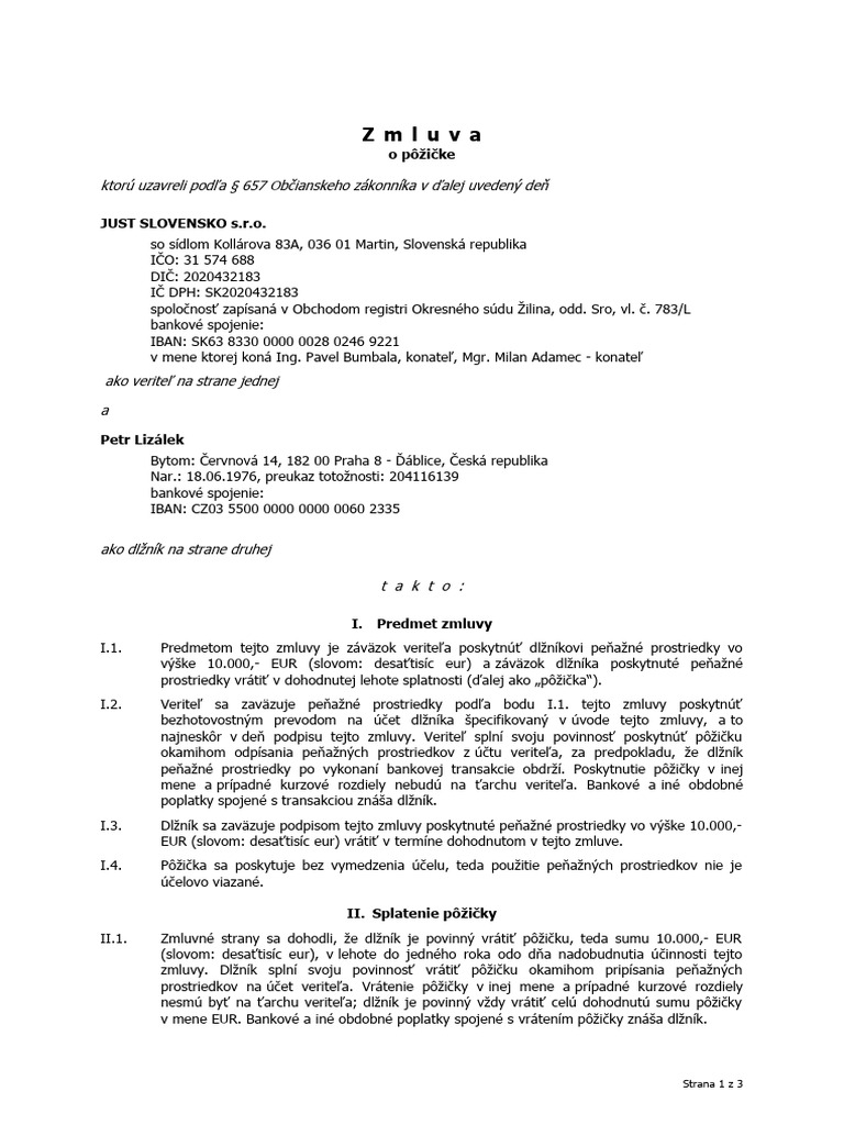 Zmluva o Pôžičke Petr Lizalek 2023 | PDF