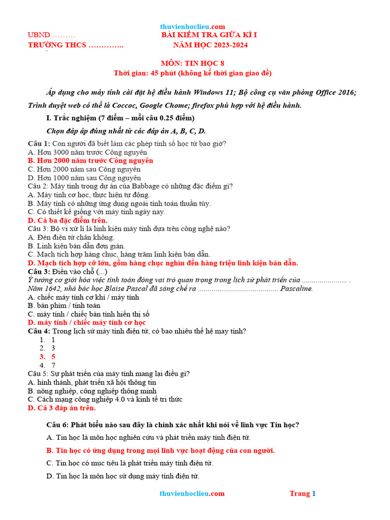 De Kiem Tra Giua HK1 Tin 8 KNTT Hay | PDF