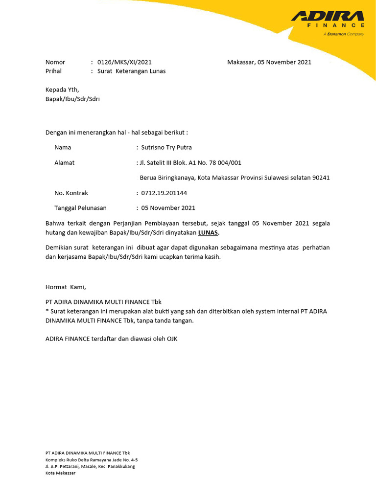 Surat Lunas Adira | PDF