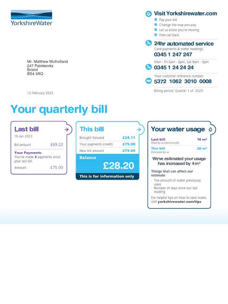 Yorkshire Water Bill Summary 2023 | PDF