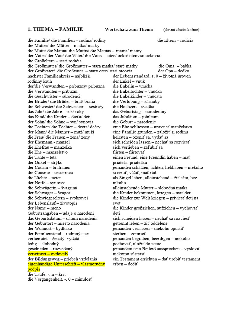 Rodina - slovnÃ¡ zÃ¡soba 1.G | PDF