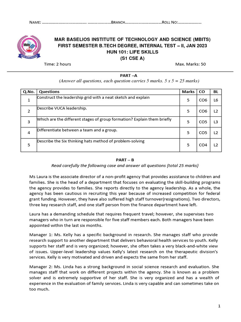 ct2 QP S1cse A | PDF | Leadership | Psychology