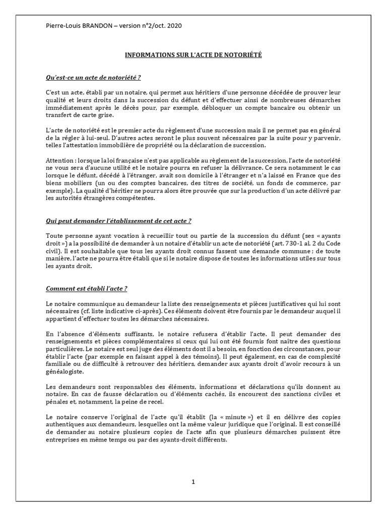 Informations Sur L'acte de Notoriete Version 2 | PDF | Mariage ...