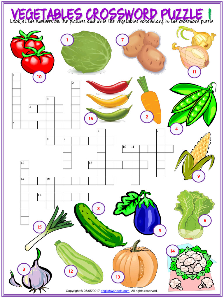 vegetables vocabulary esl crossword puzzle worksheets for kids | PDF ...