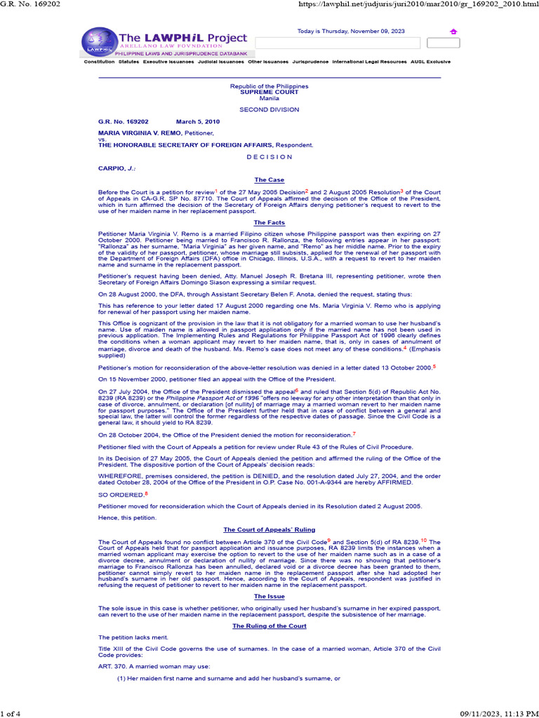 Maria Virginia V. Remo v. DFA G.R. No. 169202 (2010) | PDF | Annulment ...