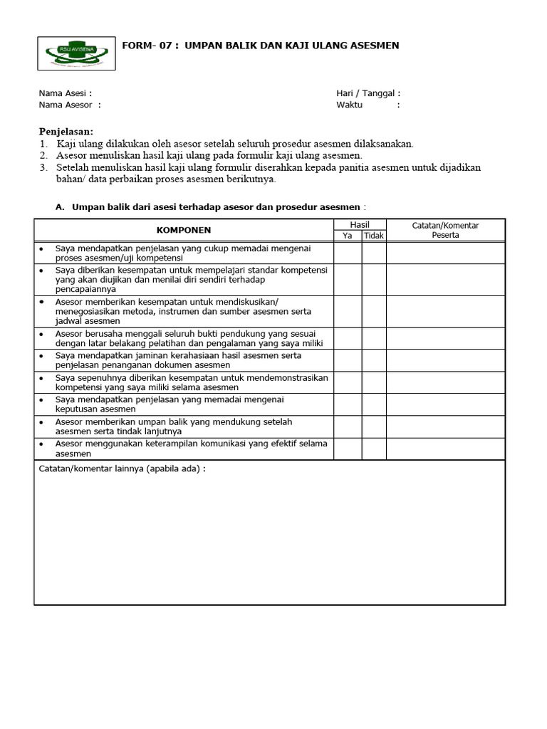 Form 07 Umpan Balik Dan Kaji Ulang Asesmen | PDF