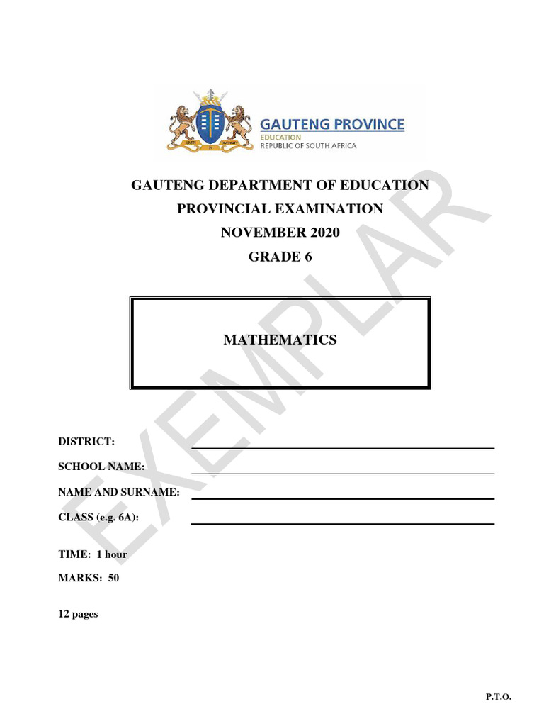 Grade 6 Mathematics Exam Paper 2020 | PDF | Numbers | Area