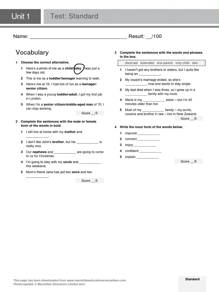 B1 U1 Standard Test | PDF | Toddler