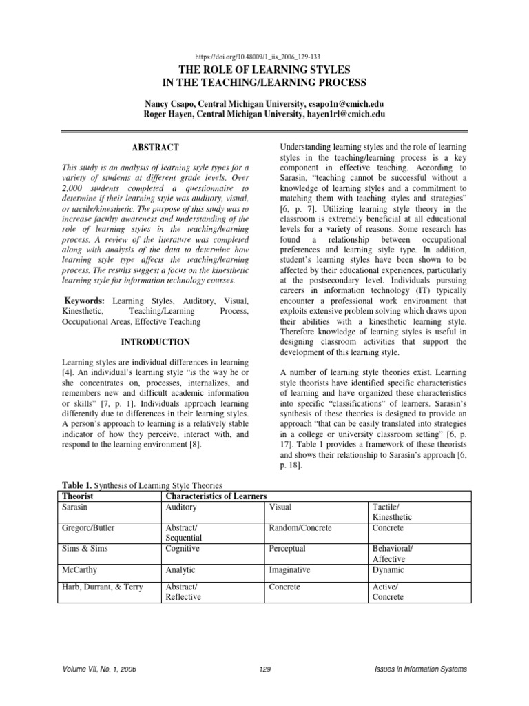 Journal Https://doi - Org/10.48009/1 - Iis - 2006 - 129-133 THE ROLE OF LEARNING STYLES IN THE ...