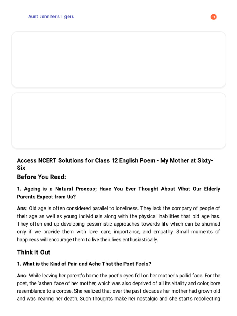 NCERT Solutions For Class 12 English Chapter 1 - My Mother at Sixty-Six ...