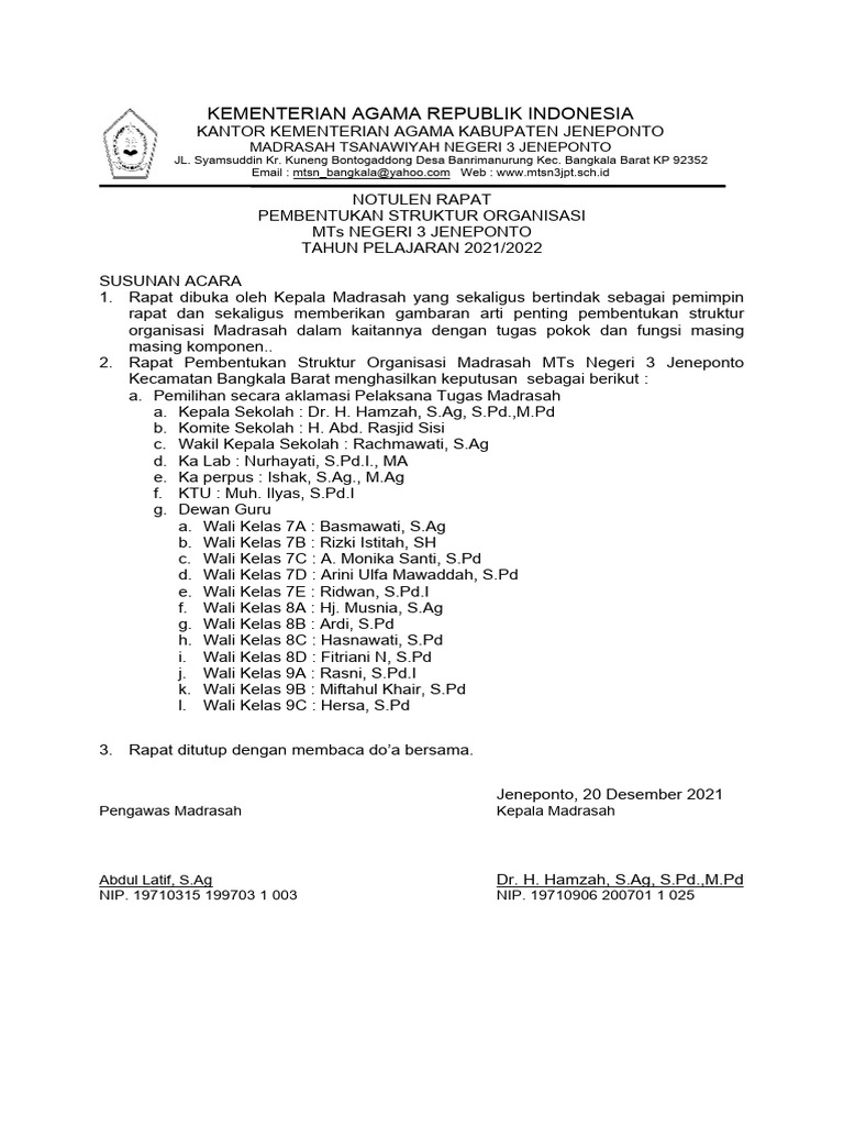 Notulen Rapat, Daftar Hadir, Berita Acara, Undangan Struktur Organisasi Madrasah | PDF